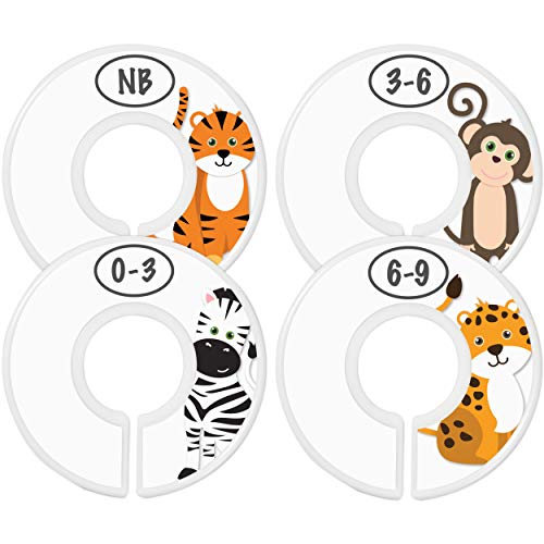 Baby Closet Size Dividers - 7X Safari Nursery Closet Dividers for Baby Clothes - Elephant Giraffe Zebra Lion Monkey Cheetah Nursery Decor - Baby Closet Dividers for Boy or Girl - [Safari] [White]