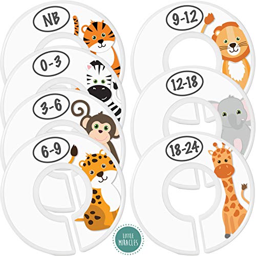 Baby Closet Size Dividers - 7X Safari Nursery Closet Dividers for Baby Clothes - Elephant Giraffe Zebra Lion Monkey Cheetah Nursery Decor - Baby Closet Dividers for Boy or Girl - [Safari] [White]