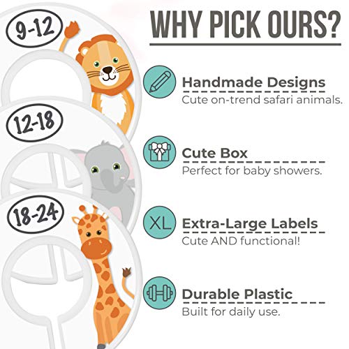 Baby Closet Size Dividers - 7X Safari Nursery Closet Dividers for Baby Clothes - Elephant Giraffe Zebra Lion Monkey Cheetah Nursery Decor - Baby Closet Dividers for Boy or Girl - [Safari] [White]