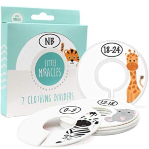 Baby Closet Size Dividers - 7X Safari Nursery Closet Dividers for Baby Clothes - Elephant Giraffe Zebra Lion Monkey Cheetah Nursery Decor - Baby Closet Dividers for Boy or Girl - [Safari] [White]