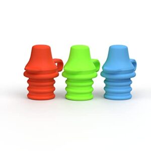 kiddikap- no spill silicone bottle top spout 3 pack bundle (red, blue, green) bpa free