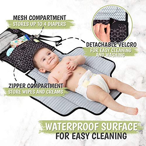 Portable Diaper Changing Pad - Waterproof Travel Changing Mat for Baby, Foldable Baby Diaper Clutch, Detachable Baby Travel Diaper Mat for Diaper Changing Station, Diaper Change Mat (Black Geo)