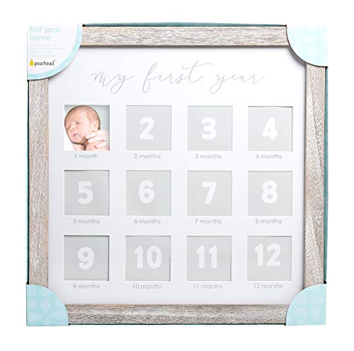 Pearhead My First Year Photo Moments Baby Keepsake Frame, Baby’s First Year Photo Frame, Father’s Day Accessory, Gender-Neutral Baby Milestone Nursery Décor, Rustic