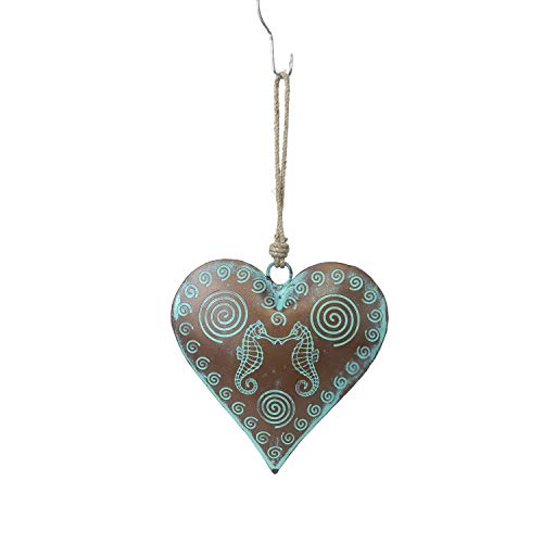 Beachcombers B22221 Metal Patina Heart with Seahorses Ornament, 9.5-inch High