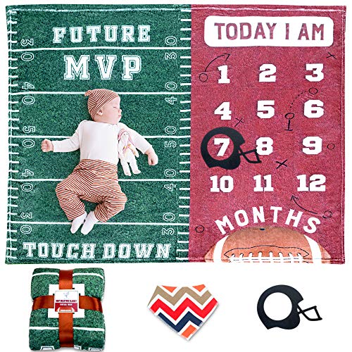 SUKOON Football Milestone Blanket for Baby Boy| Includes Frame and Bib | Large | 47"x40" | Personalized Monthly Baby Milestone Blanket for Newborn Baby Shower