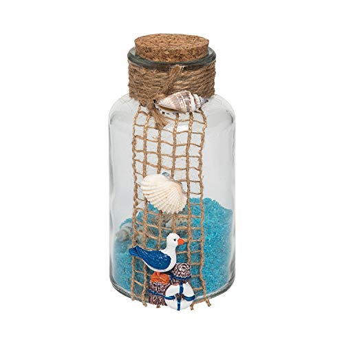 Beachcombers B22406 Glass Bottle with Rope and Teal Sand and Shells, 6.3-inch High