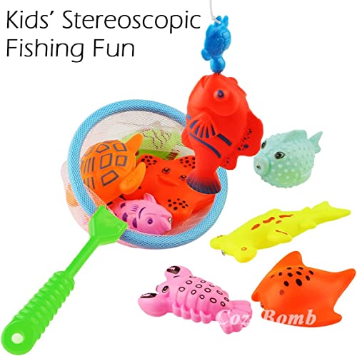 CozyBomB Kids Fishing Bath Toys Game - 17Pcs Magnetic Floating Toy Magnet Pole Rod Net, Plastic Floating Fish - Toddler Education Teaching and Learning Colors (New)