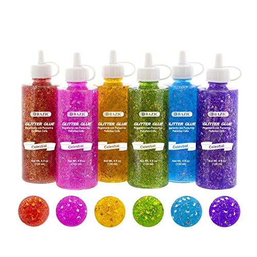 BAZIC Glitter Glue 6 Neon Color Star & Moon Sequins, Non-Toxic Washable Glitter Glue for Slime Paints Art Crafts, Gift for Kids (4oz/Pack), 6-Packs