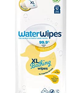 WaterWipes Plastic-Free XL Bathing Wipes for Toddlers & Babies, 99.9% Water Based Wipes, Unscented & Hypoallergenic for Sensitive Skin, 16 Count (1 pack), Packaging May Vary