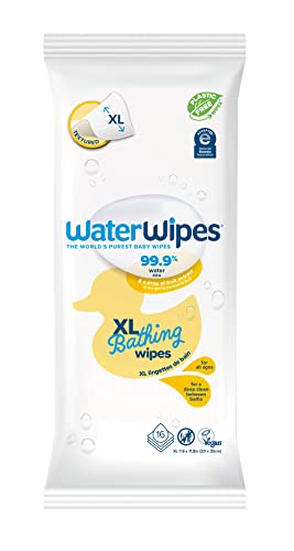 WaterWipes Plastic-Free XL Bathing Wipes for Toddlers & Babies, 99.9% Water Based Wipes, Unscented & Hypoallergenic for Sensitive Skin, 16 Count (1 pack), Packaging May Vary