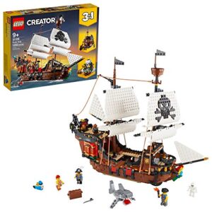 lego creator 3in1 pirate ship 31109 building set - toy ship with inn, skull island, featuring 4 minifigures, shark figure, gift for kids, boys, and girls ages 9+ years old