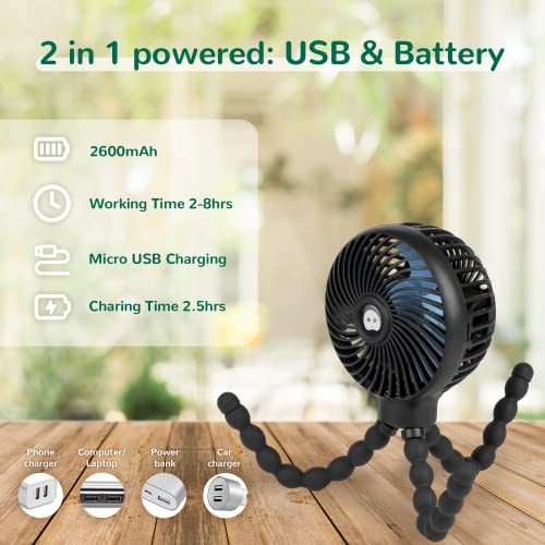 snawowo Mini Baby Stroller Fan, Handheld Personal Portable Clip On Fan with Flexible Tripod for Stroller Bike Desk Treadmill Crib Car Seat Outdoor Camping, USB or Battery Powered (Black)