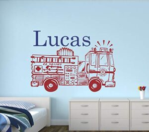 name wall decal - firetruck wall decal - boys kids wall decal - custom name decal - nursery wall decal - fire truck vinyl wall art decal (30"w x 22"h)