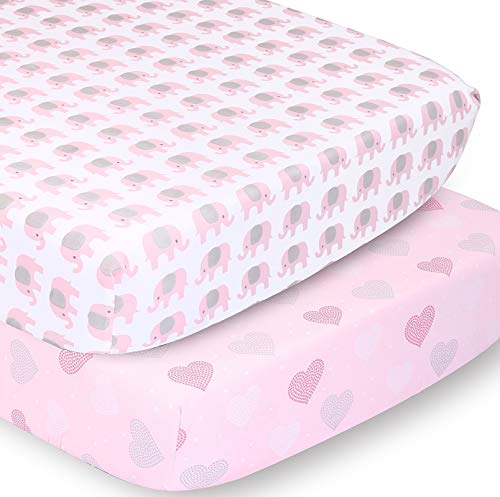 The Peanutshell Fitted Crib Sheet Set for Baby Girls, Pink Elephant & Hearts, 2 Pack Set