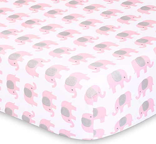 The Peanutshell Fitted Crib Sheet Set for Baby Girls, Pink Elephant & Hearts, 2 Pack Set