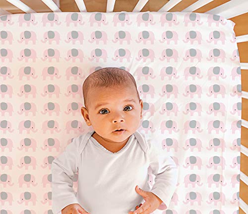 The Peanutshell Fitted Crib Sheet Set for Baby Girls, Pink Elephant & Hearts, 2 Pack Set