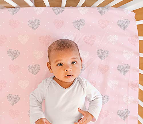 The Peanutshell Fitted Crib Sheet Set for Baby Girls, Pink Elephant & Hearts, 2 Pack Set