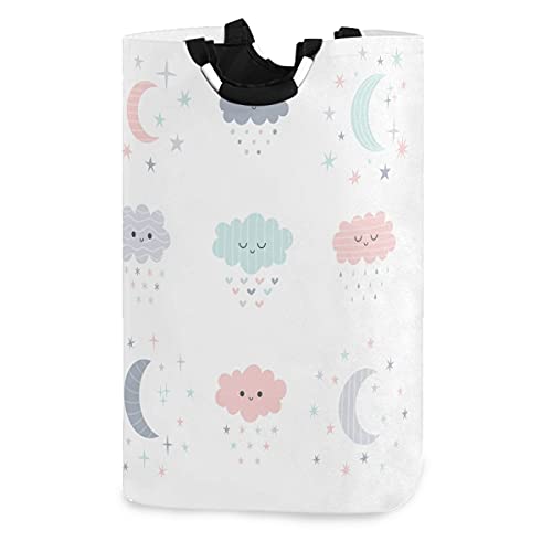 OREZI Smiling Clouds Moon Stars Laundry Hamper,Waterproof and Foldable Laundry Bag with Handles for Baby Nursery College Dorms Kids Bedroom Bathroom