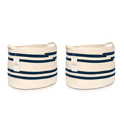 Chloe and Cotton Woven Cube Storage Baskets with Handles | Set of 2 | Cute Decorative Bins for Shelves, Bookcases, Cubbies, & Organizing Containers | Navy White