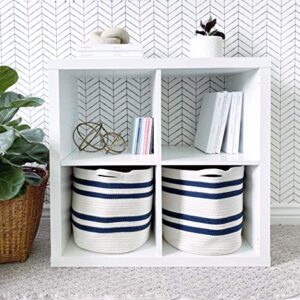 Chloe and Cotton Woven Cube Storage Baskets with Handles | Set of 2 | Cute Decorative Bins for Shelves, Bookcases, Cubbies, & Organizing Containers | Navy White