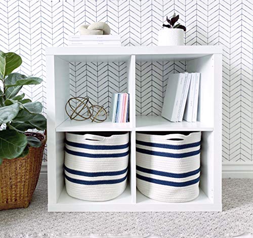 Chloe and Cotton Woven Cube Storage Baskets with Handles | Set of 2 | Cute Decorative Bins for Shelves, Bookcases, Cubbies, & Organizing Containers | Navy White