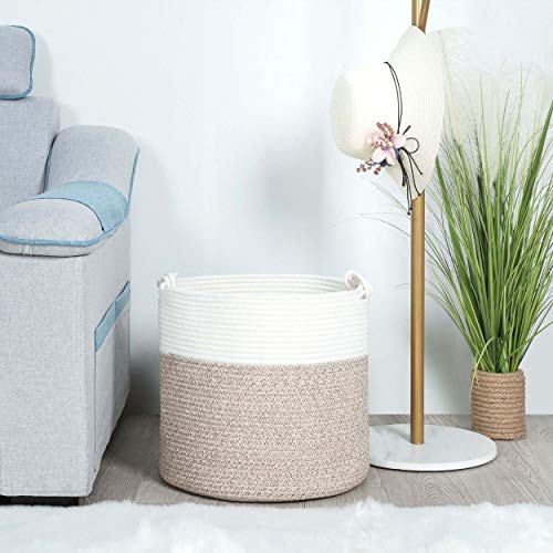 MINTWOOD Design 15 x 14.2 Inches Woven Cotton Rope Storage Basket, Stuffed Toy Basket Bin, Laundry Basket Hamper, Nursery Basket, Dog Toy Basket, Blanket Basket, Gift Basket, Light Brown