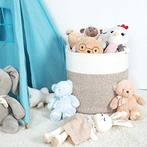 MINTWOOD Design 15 x 14.2 Inches Woven Cotton Rope Storage Basket, Stuffed Toy Basket Bin, Laundry Basket Hamper, Nursery Basket, Dog Toy Basket, Blanket Basket, Gift Basket, Light Brown