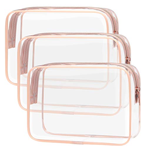 PACKISM Clear Makeup Bag with Zipper, 3 Pack Beauty Clear Cosmetic Bag TSA Approved Toiletry Bag, Travel Clear Toiletry Bag, Quart Size Bag Carry on Airport Airline Compliant Bag, Rose Pink(for age 12 or above)