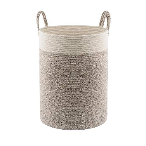 Large Tall Woven Basket 15.7x15.7x21.7in Cotton Rope Laundry Hamper with Handle, Nursery Organizers and Storage for Blanket Towel Clothes Organizing (White&Brown)