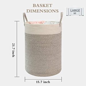 Large Tall Woven Basket 15.7x15.7x21.7in Cotton Rope Laundry Hamper with Handle, Nursery Organizers and Storage for Blanket Towel Clothes Organizing (White&Brown)