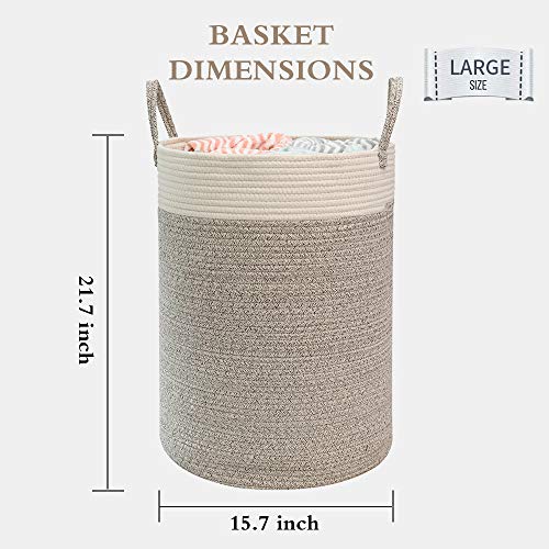 Large Tall Woven Basket 15.7x15.7x21.7in Cotton Rope Laundry Hamper with Handle, Nursery Organizers and Storage for Blanket Towel Clothes Organizing (White&Brown)