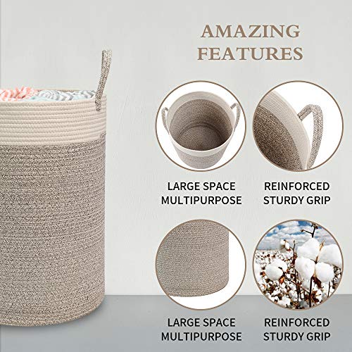 Large Tall Woven Basket 15.7x15.7x21.7in Cotton Rope Laundry Hamper with Handle, Nursery Organizers and Storage for Blanket Towel Clothes Organizing (White&Brown)