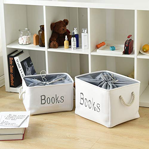 INough Book Basket for Kids Room, Book Storage Box Shelf Organizer for Kids Collapsible Book Bins with Drawstring Closure Baby Storage Bins Book Storage Container for Nursery/Classroom/Bedroom/Living room, for Magazines/Cartoon Book Reading(Large, Books)