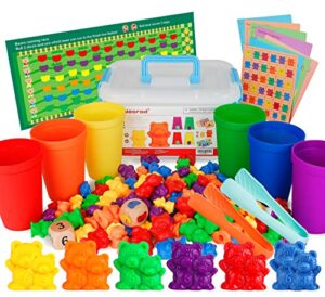 neorod rainbow counting bears with matching sorting cups, number color recognition stem educational toddler preschool math manipulatives toy set of 90, 2 tweezers, 2 dices, 12 cards, container