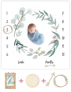 organic baby monthly milestone blanket newborn boy girl unisex gender neutral| green leaf wreath eucalyptus baby nursery month picture blanket| growth photography background prop|birth announcement