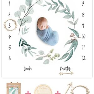 Organic Baby Monthly Milestone Blanket Newborn Boy Girl Unisex Gender Neutral| Green Leaf Wreath Eucalyptus Baby Nursery Month Picture Blanket| Growth Photography Background Prop|Birth Announcement