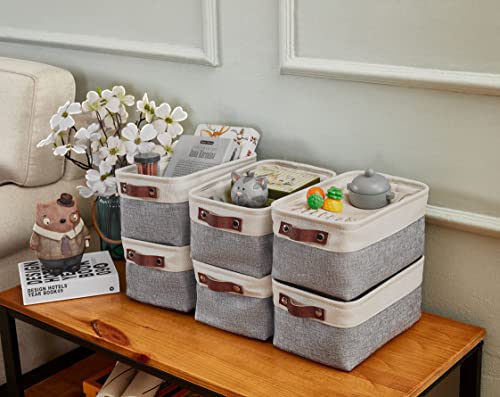 DECOMOMO Small Baskets | Storage Baskets for Organizing Shelves Linen Closet Bathroom Baby Cloth Nursery Fabric Bulk Decorative Empty Baskets for Gifts (Grey and White, Small - 6 Pack)