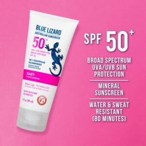 BLUE LIZARD Baby Mineral Sunscreen with Zinc Oxide, SPF 50+, Water Resistant, UVA/UVB Protection with Smart Cap Technology - Fragrance Free, 3 Ounce Tube