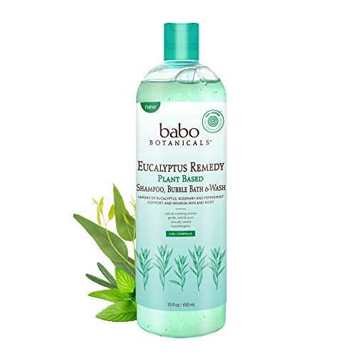 Babo Botanicals Eucalyptus Remedy Plant-Based 3-in-1 Shampoo, Bubble Bath & Wash - with Vapors of Eucalyptus, Rosemary & Peppermint - For Babies, Kids or Sensitive Skin - EWG Verified - 15 fl. oz.