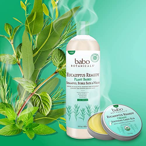 Babo Botanicals Eucalyptus Remedy Plant-Based 3-in-1 Shampoo, Bubble Bath & Wash - with Vapors of Eucalyptus, Rosemary & Peppermint - For Babies, Kids or Sensitive Skin - EWG Verified - 15 fl. oz.