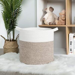 MINTWOOD Design 15 x 14 Inches Decorative Woven Cotton Rope Storage Basket, Stuffed Toy Basket Bin, Laundry Basket, Nursery Basket, Blanket Basket, Dog Toy Basket, Gift Basket, Brown