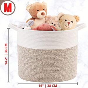 MINTWOOD Design 15 x 14 Inches Decorative Woven Cotton Rope Storage Basket, Stuffed Toy Basket Bin, Laundry Basket, Nursery Basket, Blanket Basket, Dog Toy Basket, Gift Basket, Brown