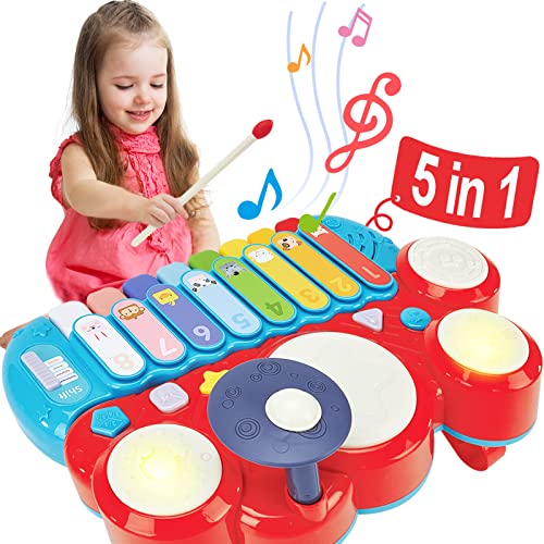 1 Year Old Girl Birthday Gift - Toys for 2 Year Old Girls Toddler - 5 in 1 Baby & Toddler Toys with Baby Piano, Drum Set for Toddlers 1-3, Xylophone, Musical Toys, Whack-A-Mole - 1st One Year Old Toys