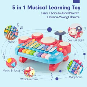 1 Year Old Girl Birthday Gift - Toys for 2 Year Old Girls Toddler - 5 in 1 Baby & Toddler Toys with Baby Piano, Drum Set for Toddlers 1-3, Xylophone, Musical Toys, Whack-A-Mole - 1st One Year Old Toys