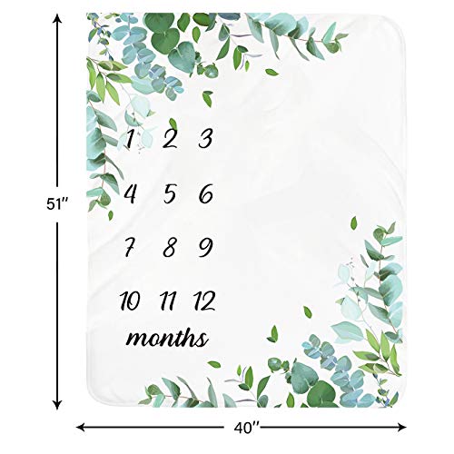 Baby Monthly Milestone Blanket Boy - Neutral Leaf Newborn Month Blanket for Boy & Girl Personalized Shower Gift Soft Plush Fleece Photography Background Prop with Wooden Wreath Large 51''x40''