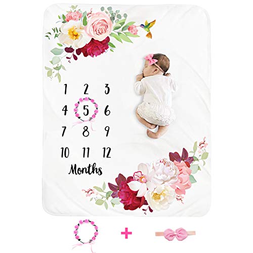 Baby Monthly Milestone Blanket Girl - Floral Newborn Month Blanket Personalized Shower Gift Soft Plush Fleece Photography Background Photo Prop Flower Blanket with Wreath Headband Large 51''x40''