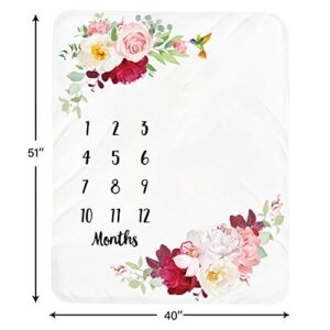 Baby Monthly Milestone Blanket Girl - Floral Newborn Month Blanket Personalized Shower Gift Soft Plush Fleece Photography Background Photo Prop Flower Blanket with Wreath Headband Large 51''x40''