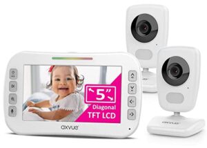 axvue video baby monitor, comfortable slim design handheld enclosure, 5.0" screen monitor & 2 camera, range up to 1000ft, 8 hour battery life, 2-way talk, night vision, temperature monitor, no wifi.