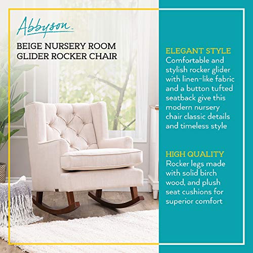 Abbyson Living Thatcher Fabric Rocking Chair - Nursery, Linen Upholstery, Cushioned, Wood Framed Rocker, Beige