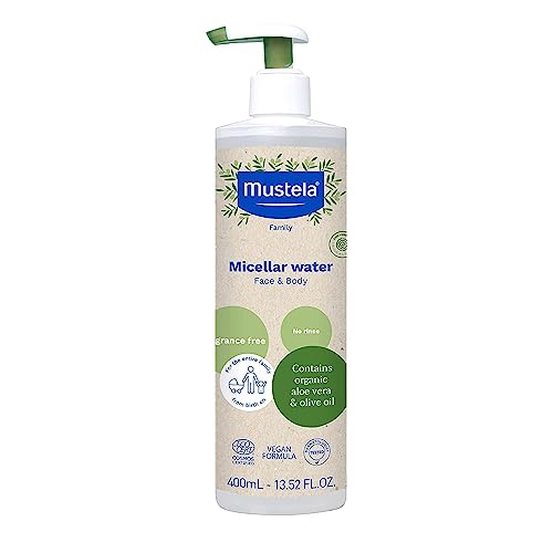 Mustela Certified Organic Micellar Cleansing Water -No-Rinse Natural Water Cleanser w/ Olive Oil & Aloe Vera - For Baby, Kid & Adult - Fragrance Free, EWG Verified & Vegan -13.5 oz-Packaging may vary